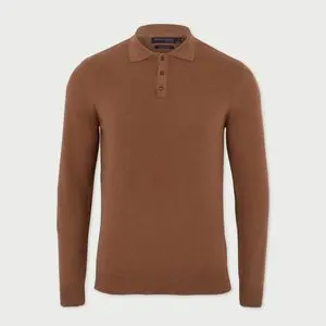 PAUL JAMES KNITWEAR Lightweight Cotton Hall Long Sleeve Knitted Polo Shirt Camel - Brown