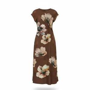 YUMI Mesh Floral Midi Dress - Brown