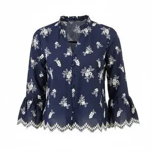 YUMI Navy Broderie Shirt With Fluted Sleeves - Blue