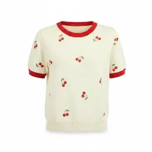 YUMI Ivory Cherry Cotton Knitted Top - White