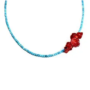 Rachel Nathan Blue / Red Mini Beaded: Turquoise & Red Bamboo Flower Necklace - Blue/red