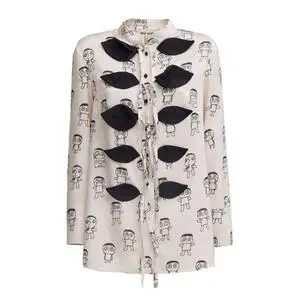 JULIA ALLERT Neutrals / Art Print Longline Tie Front Blouse – Ivory - Black