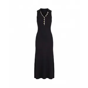 TANTRA SPAIN SL Long Sleeveless Pleated Knit Dress With Buttons, And Topstitching Detail Black