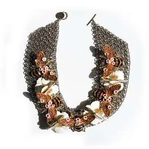 EDGAR NAVARRO JEWELRY Silver / Gold Edgar Navarro Chainmail Necklace With Hand-painted Brass Bees & Flowers