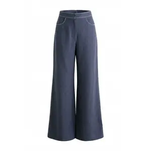 RUE LES CREATEURS Indigo Linen Blend Wide Leg Trousers