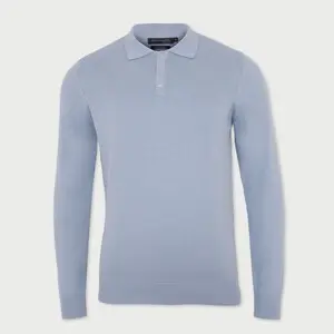 PAUL JAMES KNITWEAR Lightweight Cotton Hall Long Sleeve Knitted Polo Shirt Chalk - Blue