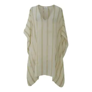 JOSHI Neutrals / V Neck Linen Kaftan Gold Stripes Long Light Eggnog Color - White