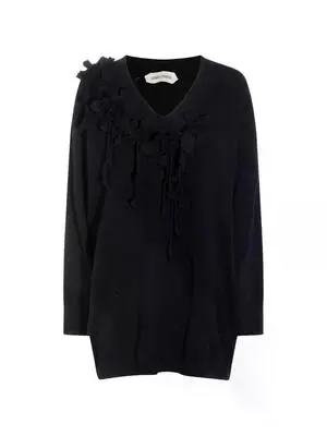 Alberta Ferretti Floral-appliqué V-neck Mini Dress - Black
