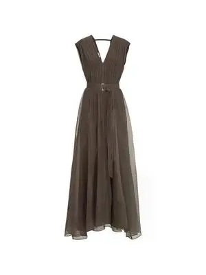 Brunello Cucinelli Crispy Silk Belted Dress With Pleated Detail And Precious Strap - Brown