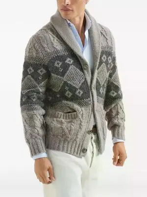 Brunello Cucinelli Virgin Wool, Silk, And Cashmere Cable-knit Cardigan With Intarsia - Grey