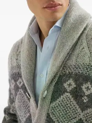 Brunello Cucinelli Virgin Wool, Silk, And Cashmere Cable-knit Cardigan With Intarsia - Grey