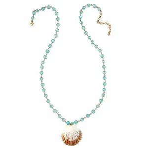 HEATHER HAWKINS Long Scallop Shell Coin Gemstone Necklace Chalcedony - Blue