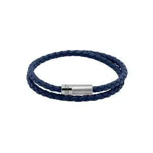 Tateossian Silver / Blue Pop Rigato Double Wrap Leather Bracelet In Navy - Silver/blue