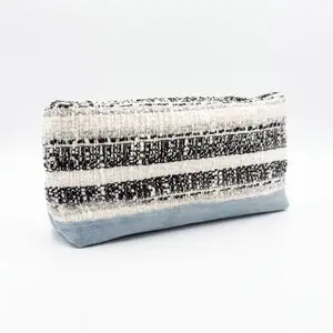 C. GRASSI Grey / Black Small Bolster Clutch – Style 002 – Cream, Black & Grey Bouclé Stripe With Denim - Grey/black