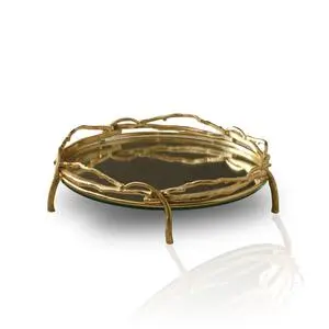 MARLETH Round Brass Branch Tray With Mirror Base - Gold