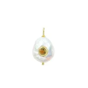 KAMARIA Pearl Coin Pendant With Inlay Stone Citrine - Orange