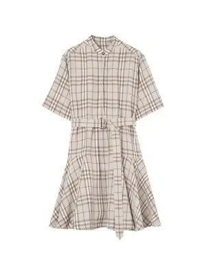 Burberry Checked Linen Blend Short Dress With Belt