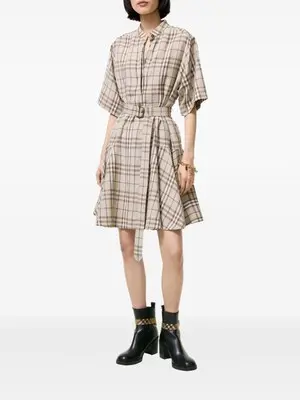 Burberry Checked Linen Blend Short Dress With Belt