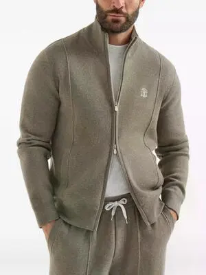Brunello Cucinelli Cashmere Double Knit Zipper Cardigan With Logo - Green
