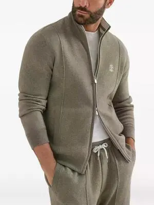 Brunello Cucinelli Cashmere Double Knit Zipper Cardigan With Logo - Green