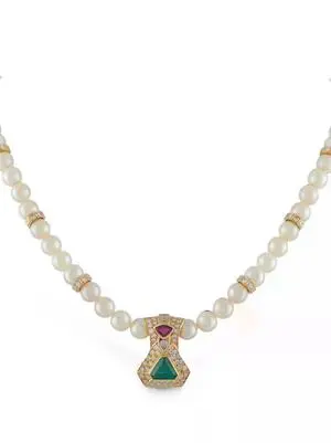 LB EXCLUSIVE Cultured Pearl Necklace With Emerald And Ruby Pendant - Gold