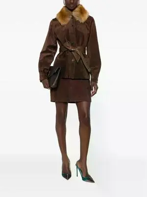 Saint Laurent Belted Leather Jacket With Fur Collar