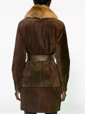 Saint Laurent Belted Leather Jacket With Fur Collar