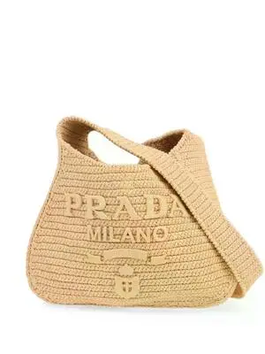 PRADA Logo-embroidered Raffia Shoulder Bag
