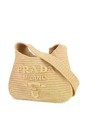 PRADA Prada Logo Embroidered Raffia Shoulder Bag