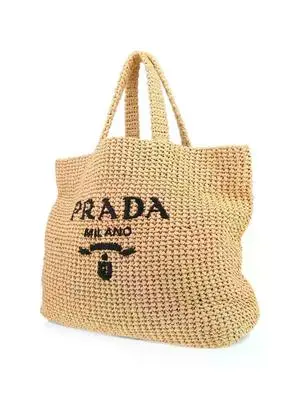 Prada Logo-embroidered Raffia Tote Bag - Neutrals