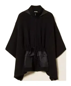 TWINSET Hooded Knitted Cape With Zip Closure And Drawstring Waist - Black