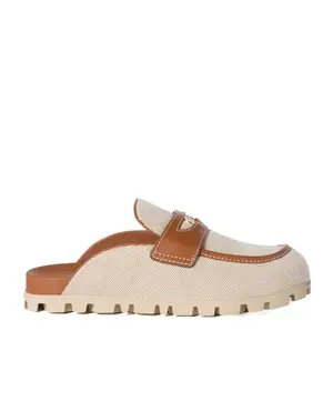 Miu Miu Canvas And Leather Mules - Beige/brandy
