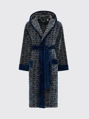 Philipp Plein Hooded Hexagon Monogram Cotton Terry Bathrobe - Blue