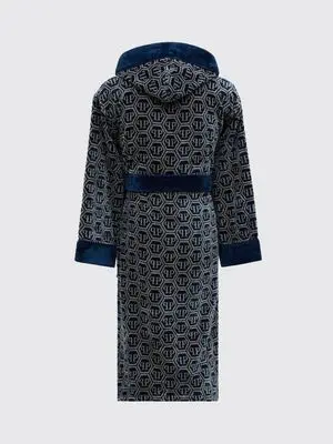 Philipp Plein Hooded Hexagon Monogram Cotton Terry Bathrobe - Blue
