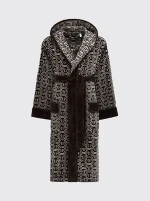 Philipp Plein Hooded Hexagon Monogram Cotton Terry Bathrobe Brown