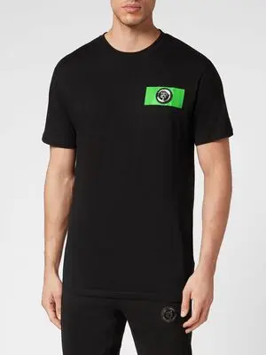 PLEIN SPORT Short-sleeved Cotton T-shirt With Contrasting Logo - Black