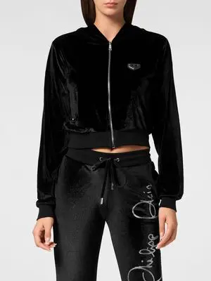 Philipp Plein Cropped Velvet Zip-up Hoodie With Rhinestone Logo
