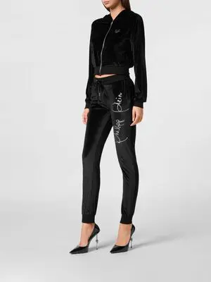 Philipp Plein Cropped Velvet Zip-up Hoodie With Rhinestone Logo