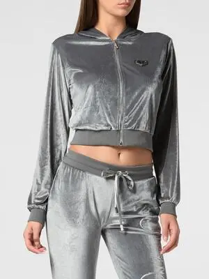 Philipp Plein Cropped Velvet Zip-up Hoodie With Rhinestone Logo - Grey