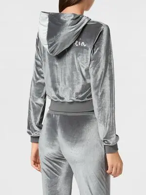 Philipp Plein Cropped Velvet Zip-up Hoodie With Rhinestone Logo - Grey