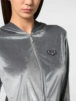 Philipp Plein Cropped Velvet Zip-up Hoodie With Rhinestone Logo - Grey