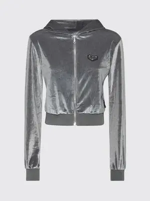Philipp Plein Cropped Velvet Zip-up Hoodie With Rhinestone Logo - Grey