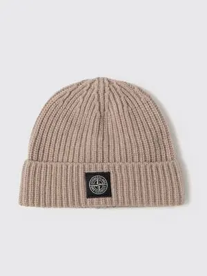 Stone Island Ribbed Virgin Wool Beanie Hat With Compass Logo Beige