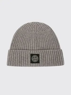 Stone Island Ribbed Virgin Wool Beanie Hat With Compass Logo - Grey