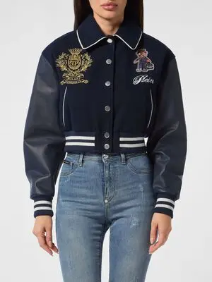 Philipp Plein Cropped Bomber Jacket With Logo And Teddy Bear Embroidery - Navy
