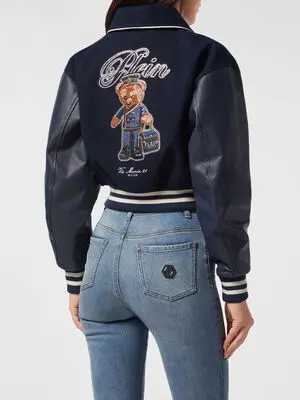 Philipp Plein Cropped Bomber Jacket With Logo And Teddy Bear Embroidery - Navy