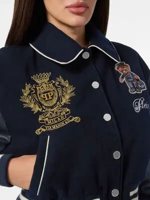 Philipp Plein Cropped Bomber Jacket With Logo And Teddy Bear Embroidery - Navy
