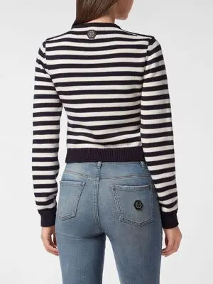 Philipp Plein Cropped Striped Wool Blend Jumper With Teddy Bear Print - Navy