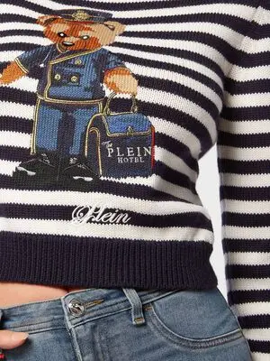 Philipp Plein Cropped Striped Wool Blend Jumper With Teddy Bear Print - Navy