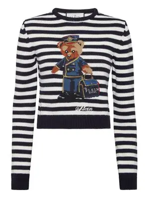 Philipp Plein Cropped Striped Wool Blend Jumper With Teddy Bear Print - Navy